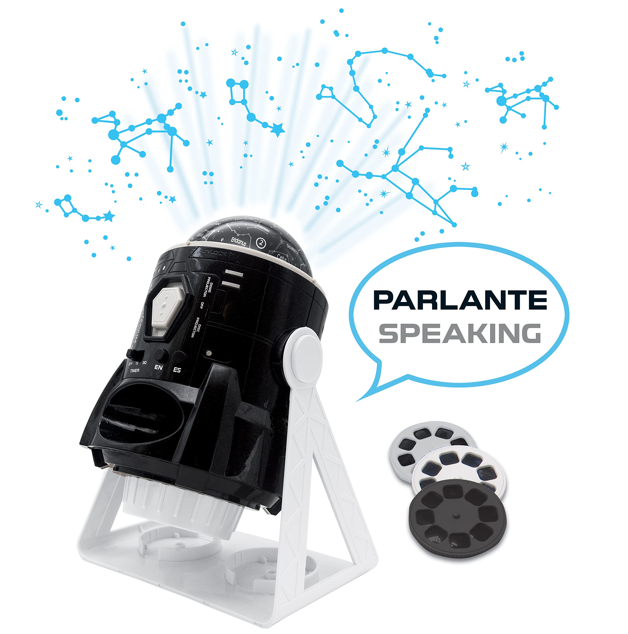Lexibook Speaking 2-in-1 Constellations and Images Planetarium Projector English/Spanish, 24 Images to Discover Space, 2 Constellation Domes, STEM, Black/White, NLJ181i2