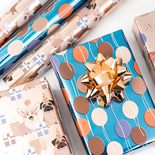 WRAPAHOLIC Birthday Wrapping Paper Roll - Adorable Dogs and Colorful Balloons with Metallic Foil Shine - 4 Rolls - 30 Inch X 120 Inch Per Roll