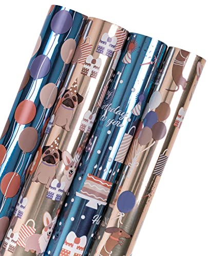 WRAPAHOLIC Birthday Wrapping Paper Roll - Adorable Dogs and Colorful Balloons with Metallic Foil Shine - 4 Rolls - 30 Inch X 120 Inch Per Roll