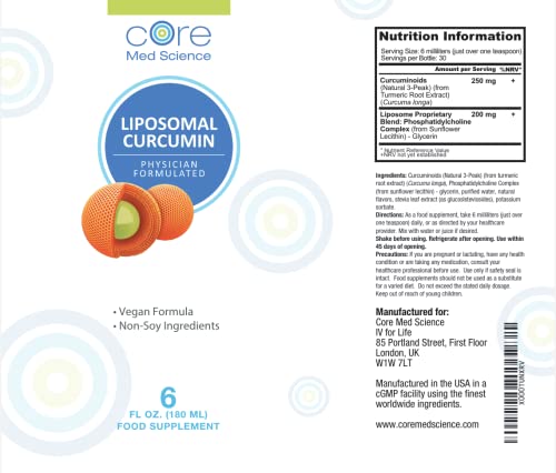 IV for Life Liposomal Curcumin by Core Med Science - 250mg - 6 Fl Oz Liquid - High Absorption Curcumin Supplement - Made in USA