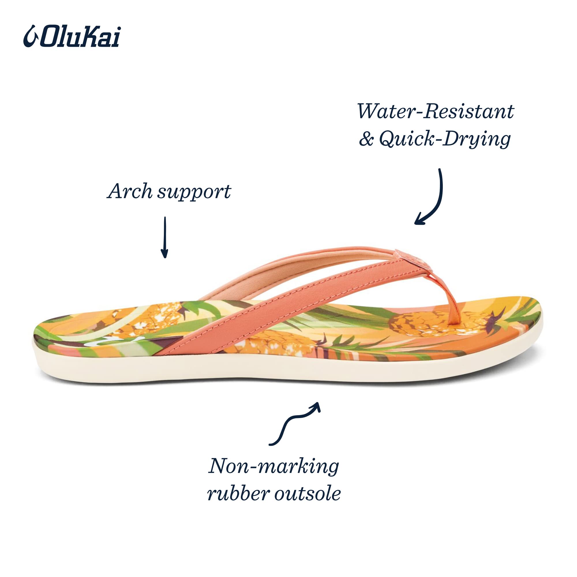 OLUKAI Ho'opio Hau Women's Beach Sandals, Quick-Dry Flip-Flop Slides, Water Resistant Suede Lining & Wet Grip Soles, Soft Comfort Fit & Arch Support, Shell Coral/Pineapple, 8