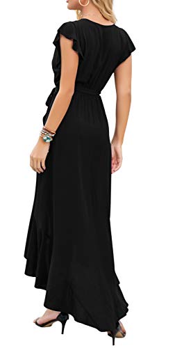 GRECERELLE Women's Summer Casual Cross V Neck Dress Bohemian Flowy Long Maxi Dresses Black-Large