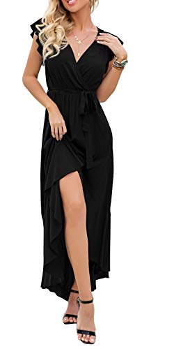 GRECERELLE Women's Summer Casual Cross V Neck Dress Bohemian Flowy Long Maxi Dresses Black-Large