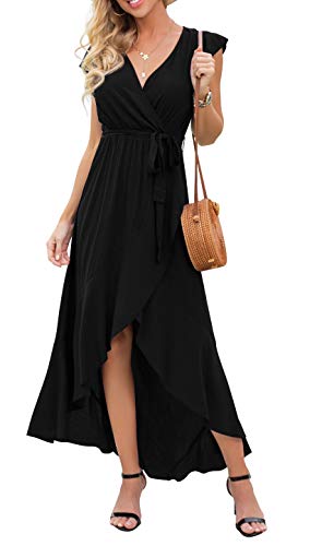 GRECERELLE Women's Summer Casual Cross V Neck Dress Bohemian Flowy Long Maxi Dresses Black-Large
