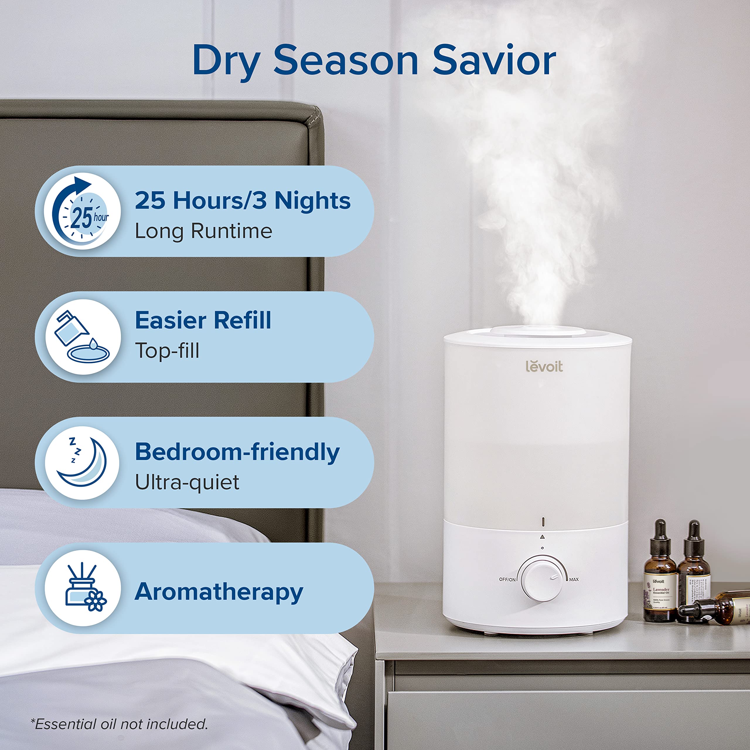 LEVOIT 4L Humidifiers for Bedroom Large Room & Essential Oil Diffuser, Blue & Humidifiers for Bedroom Large Room, 3L Cool Mist Top Fill Quiet Humidifier for Baby Nursery and Plants, 360° Nozzle, White