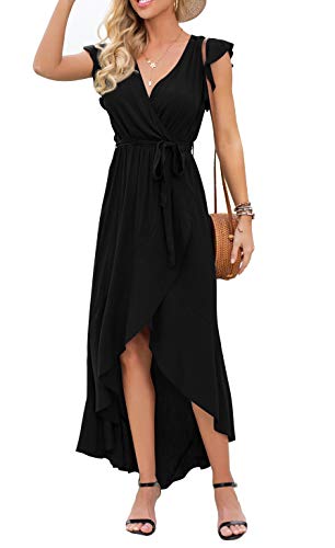 GRECERELLE Women's Summer Casual Cross V Neck Dress Bohemian Flowy Long Maxi Dresses Black-Large