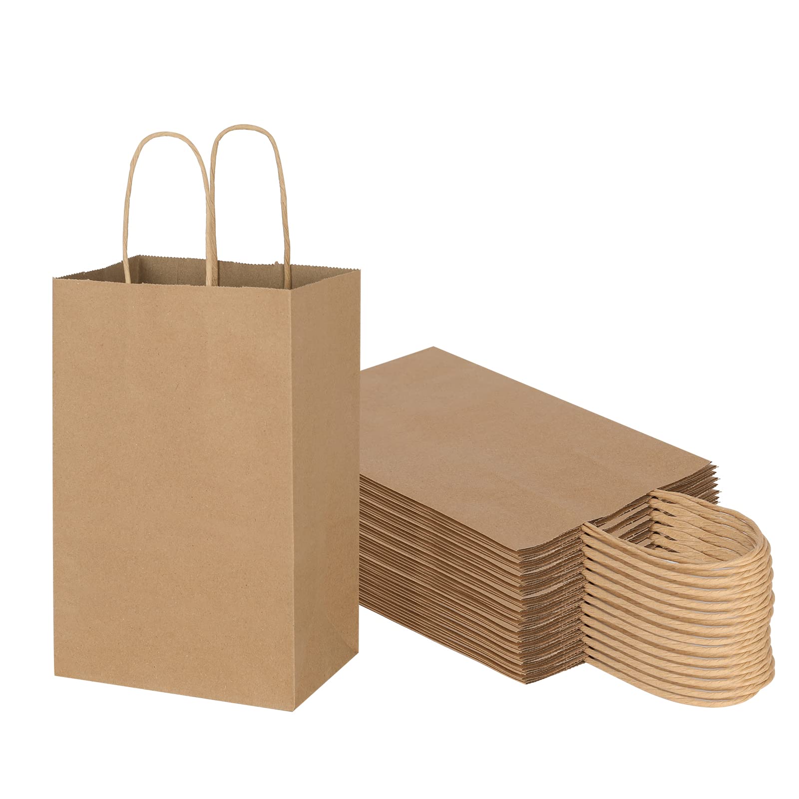 Toovip 50 Pack 5.25x3.25x8.25 Inch Small Plain Brown Kraft Paper Bags with Handles Bulk, Gift Bags for Favor Grocery Retail Party Birthday Shopping Business Goody Craft Merchandise Take Out Sacks