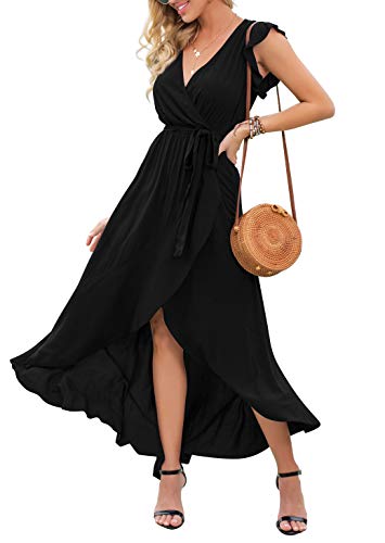 GRECERELLE Women's Summer Casual Cross V Neck Dress Bohemian Flowy Long Maxi Dresses Black-Large