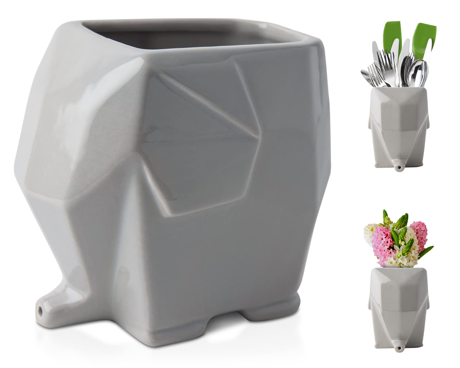 Novelty "Elephant" Cutlery Holder & Drainer for your Kitchen Sink - Multifunctional & Decorative Silverware Organizer, Utensil Caddy or Toothbrush Holder Made of Premium Ceramic - Grey