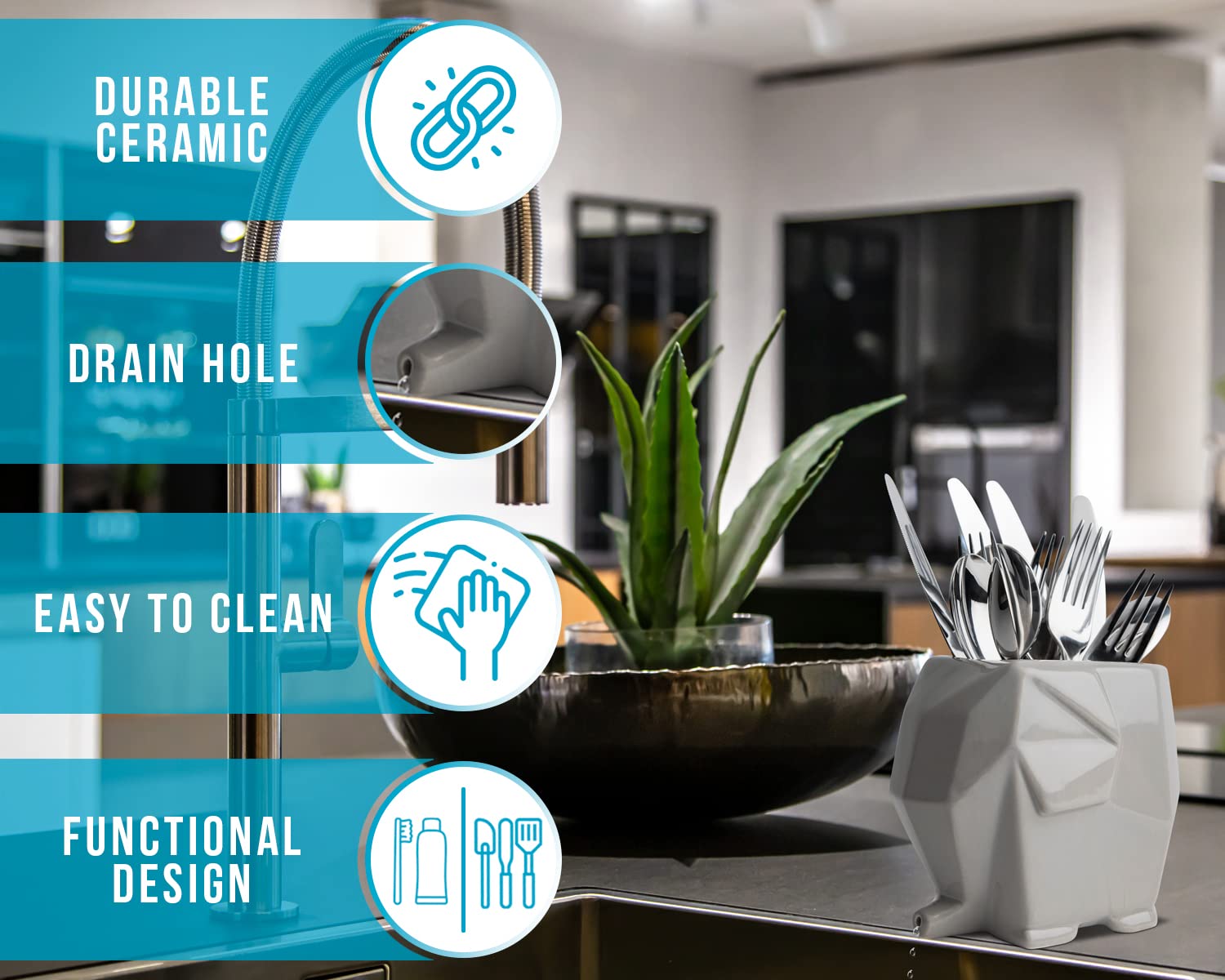 Novelty "Elephant" Cutlery Holder & Drainer for your Kitchen Sink - Multifunctional & Decorative Silverware Organizer, Utensil Caddy or Toothbrush Holder Made of Premium Ceramic - Grey