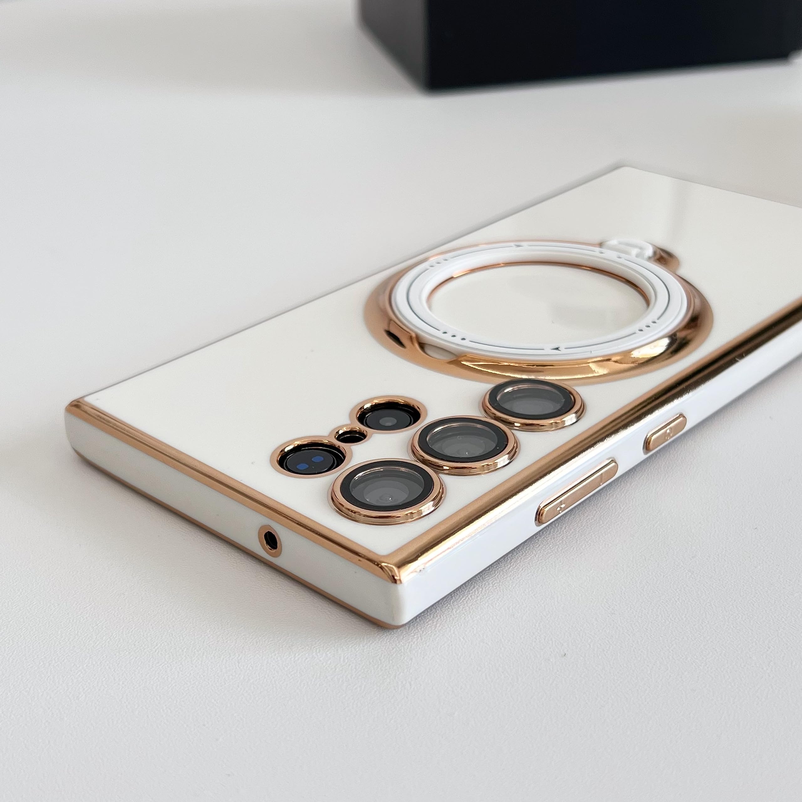 Dinick for Samsung Galaxy S22 Ultra Case with Magnetic Ring Holder [Compatible with Magsafe] [Built-in Camera Lens Protector] Glitter Electroplated Gold Sides Case for Galaxy S22 Ultra White