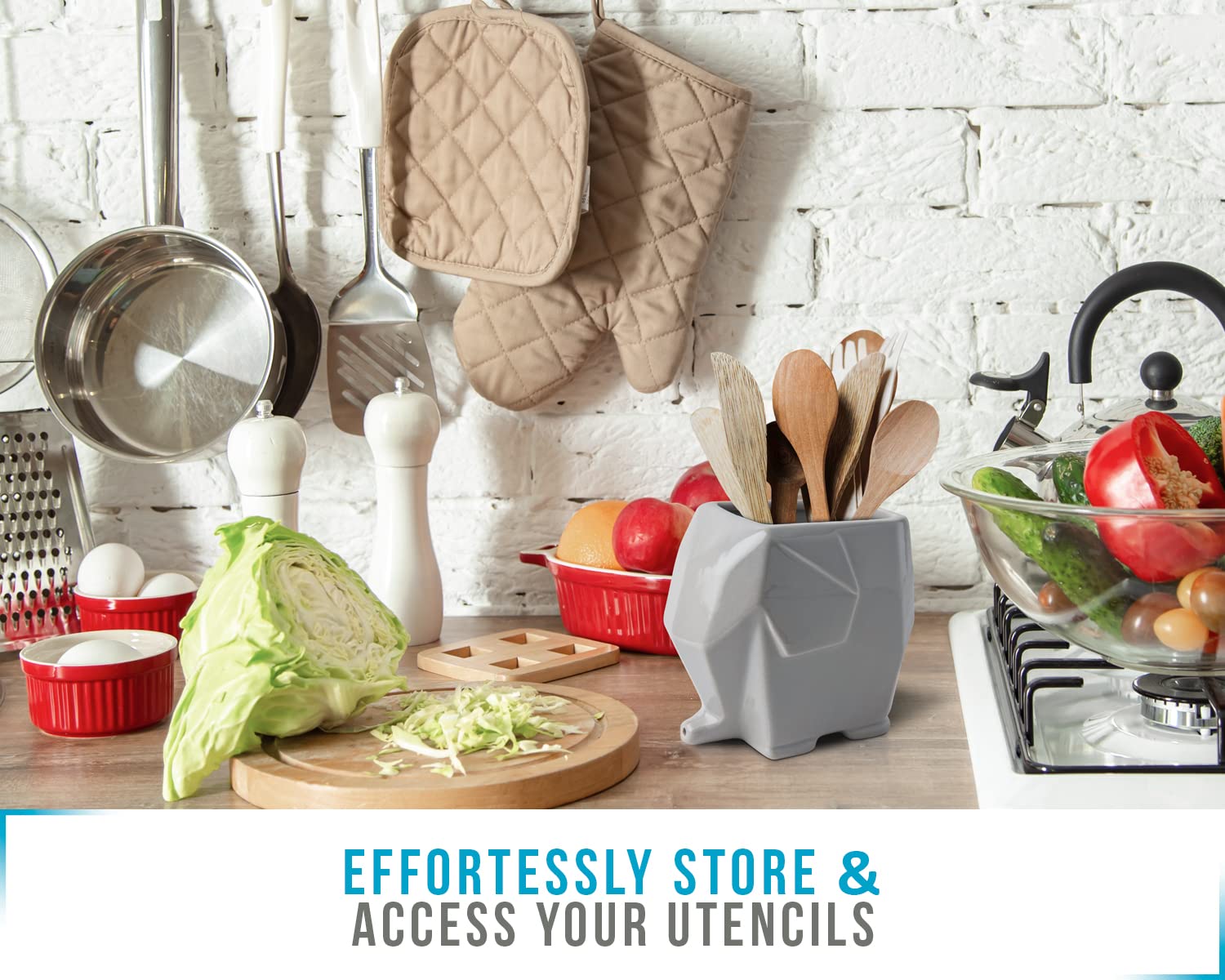 Novelty "Elephant" Cutlery Holder & Drainer for your Kitchen Sink - Multifunctional & Decorative Silverware Organizer, Utensil Caddy or Toothbrush Holder Made of Premium Ceramic - Grey