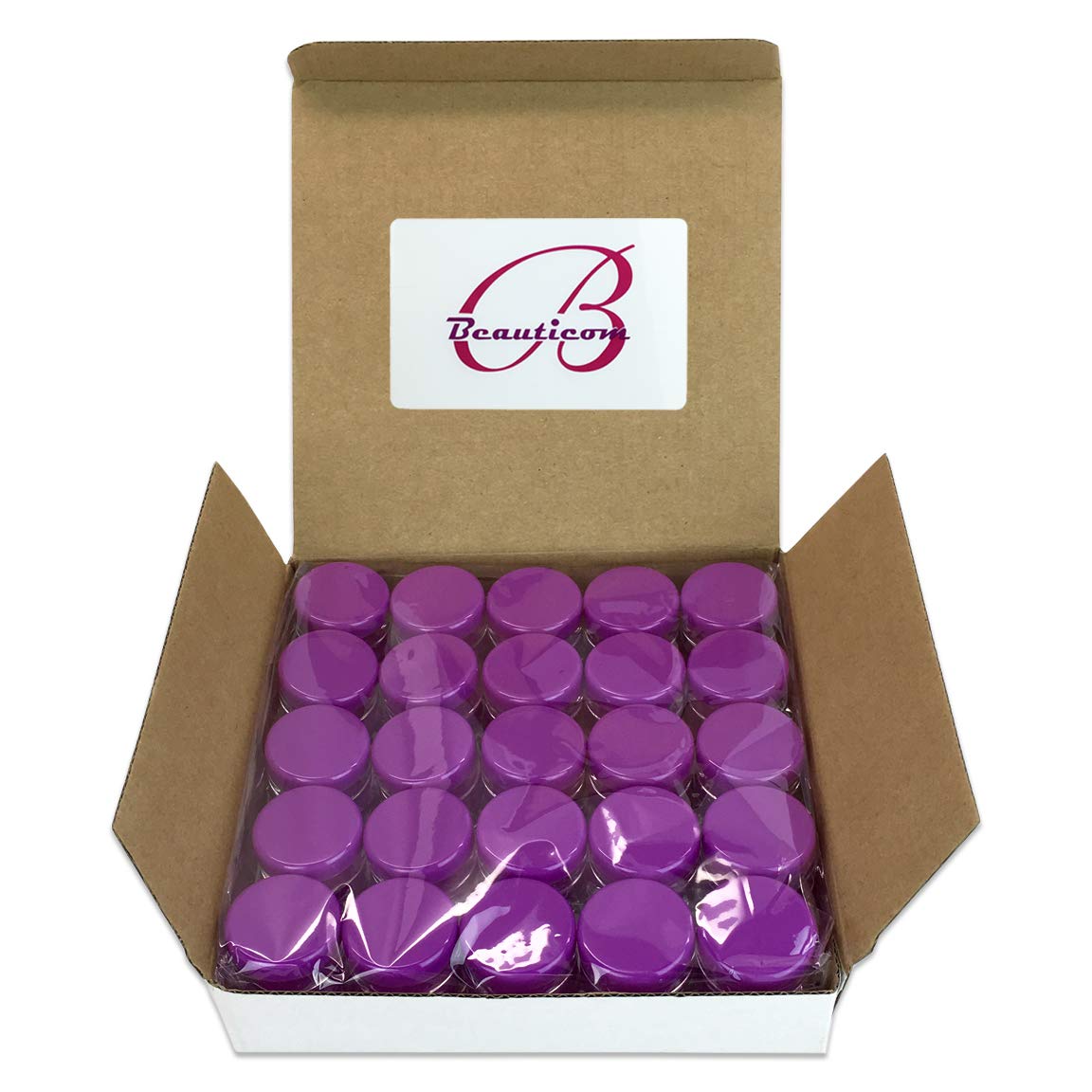 50 Empty 5 Grams Acrylic Clear Round Jars - BPA Free Containers for Cosmetic, Lotion, Cream, Makeup, Bead, Eye shadow, Rhinestone, Samples, Pot, Small Accessories 5g/5ml (Purple Lid)