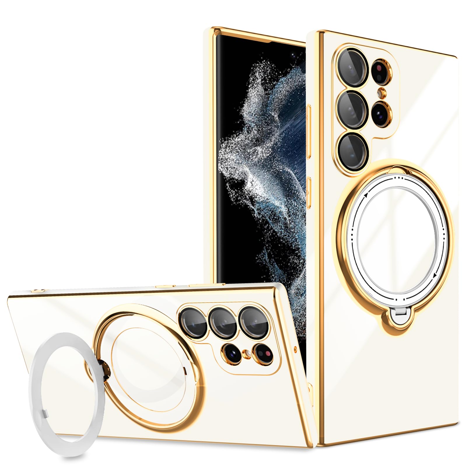 Dinick for Samsung Galaxy S22 Ultra Case with Magnetic Ring Holder [Compatible with Magsafe] [Built-in Camera Lens Protector] Glitter Electroplated Gold Sides Case for Galaxy S22 Ultra White