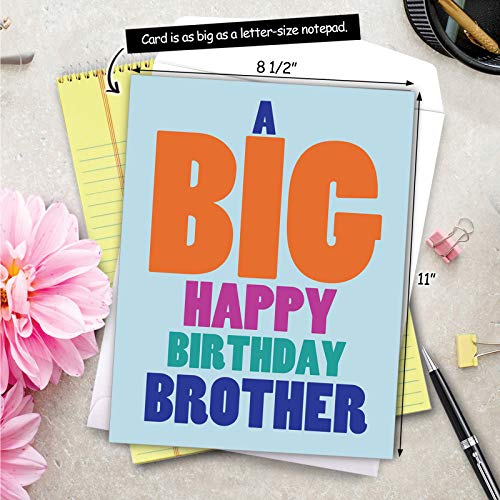 NobleWorks - 1 Large Birthday Greeting Card (8.5 x 11 Inch) - Fun Bday Celebration, Stationery Notecard - Big Happy Birthday Brother J5936BRG