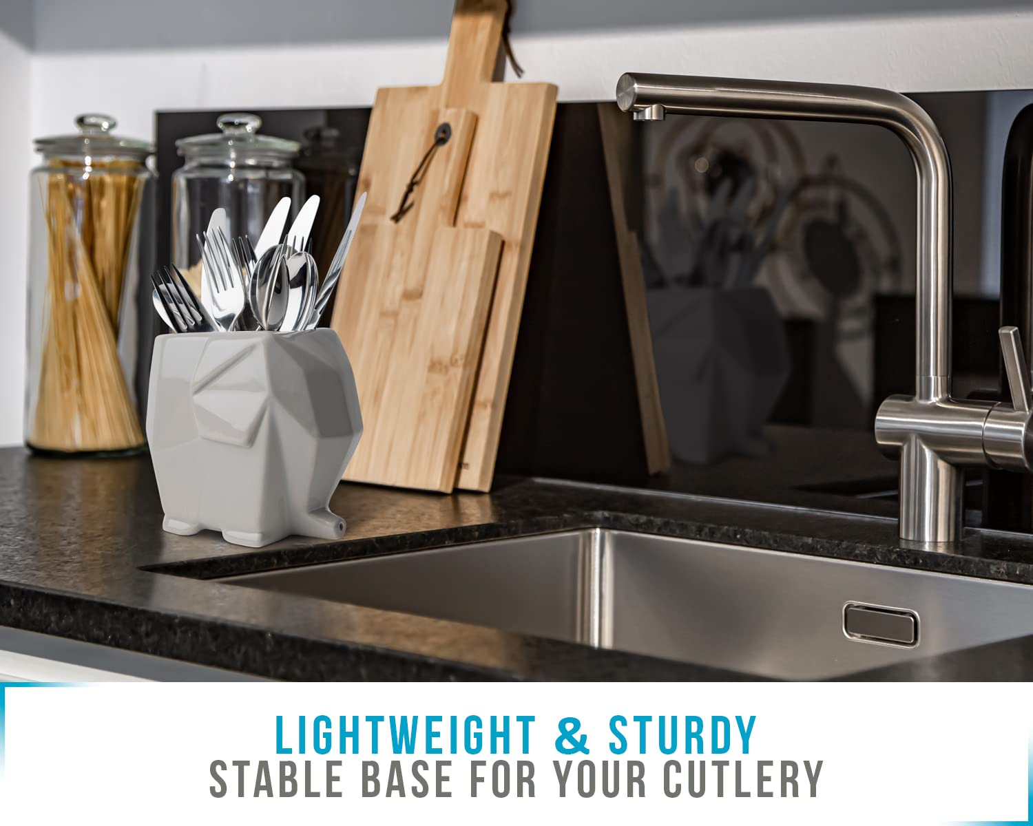 Novelty "Elephant" Cutlery Holder & Drainer for your Kitchen Sink - Multifunctional & Decorative Silverware Organizer, Utensil Caddy or Toothbrush Holder Made of Premium Ceramic - Grey