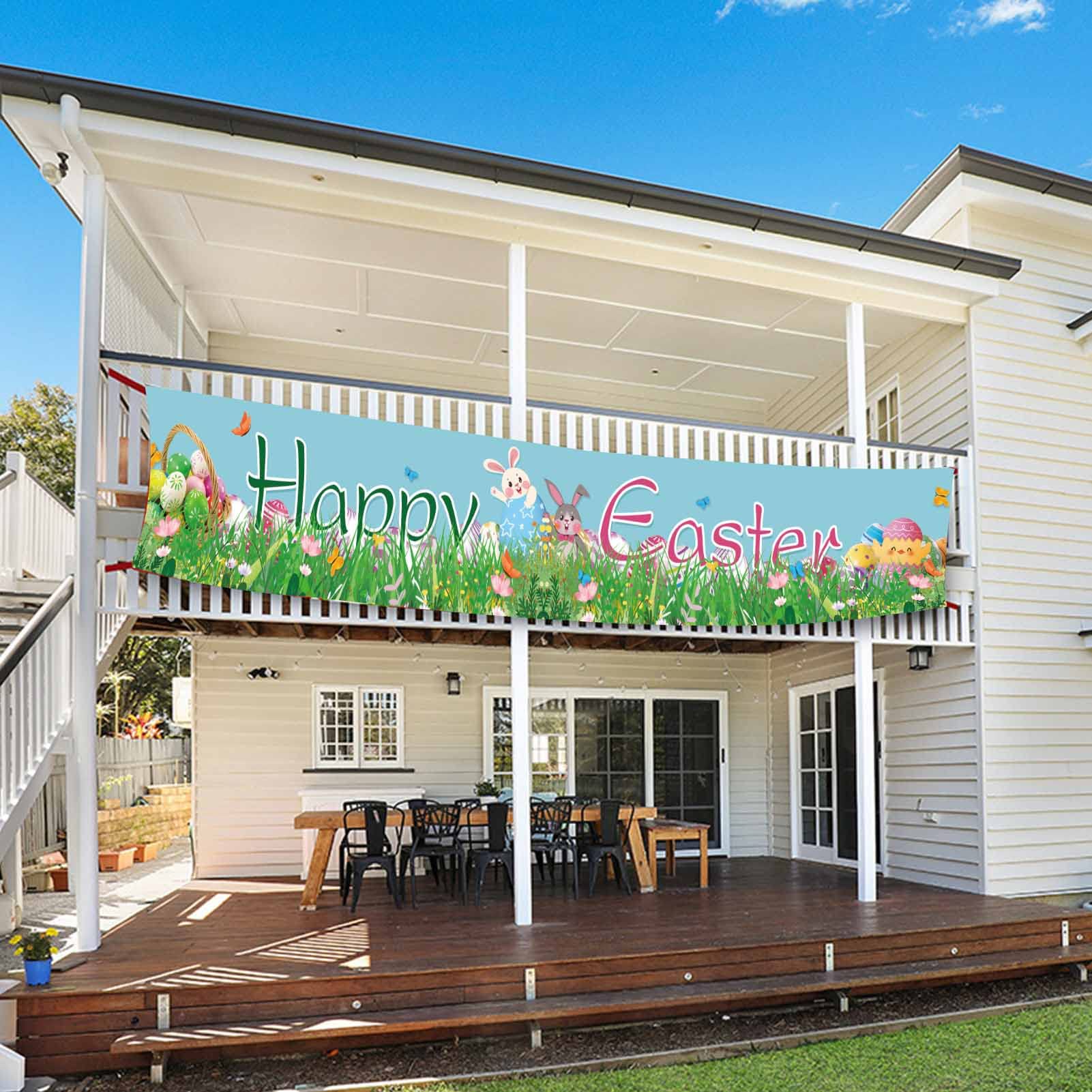 Happy Easter Banner Spring Easter Bunny Easter Eggs Decor Banner Outdoor & Indoor Yard Fence Garden Sign Hanging Door Banner 118" x 20"