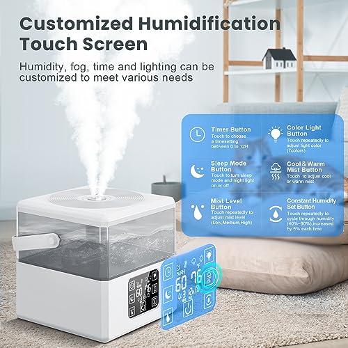 TOPNERIC Humidifiers for Bedroom, 6L Top Fill Humidifier Large Room Cool & Warm Mist Humidifiers for Home Baby Nursery Indoor Plants, Quiet Air Humidifier with Timer, Smart Mode, 360° Nozzle, Light
