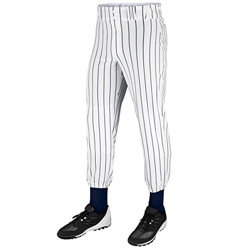 CHAMPRO Boys Traditional Fit Triple Crown Classic Baseball Pants with Knit-in Pinstripes and Reinforced Sliding Areas, White, Navy Pin, Medium