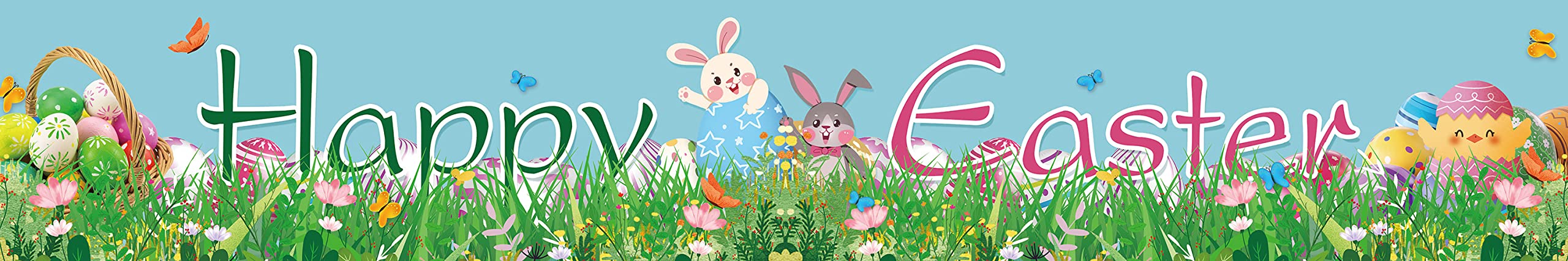 Happy Easter Banner Spring Easter Bunny Easter Eggs Decor Banner Outdoor & Indoor Yard Fence Garden Sign Hanging Door Banner 118" x 20"