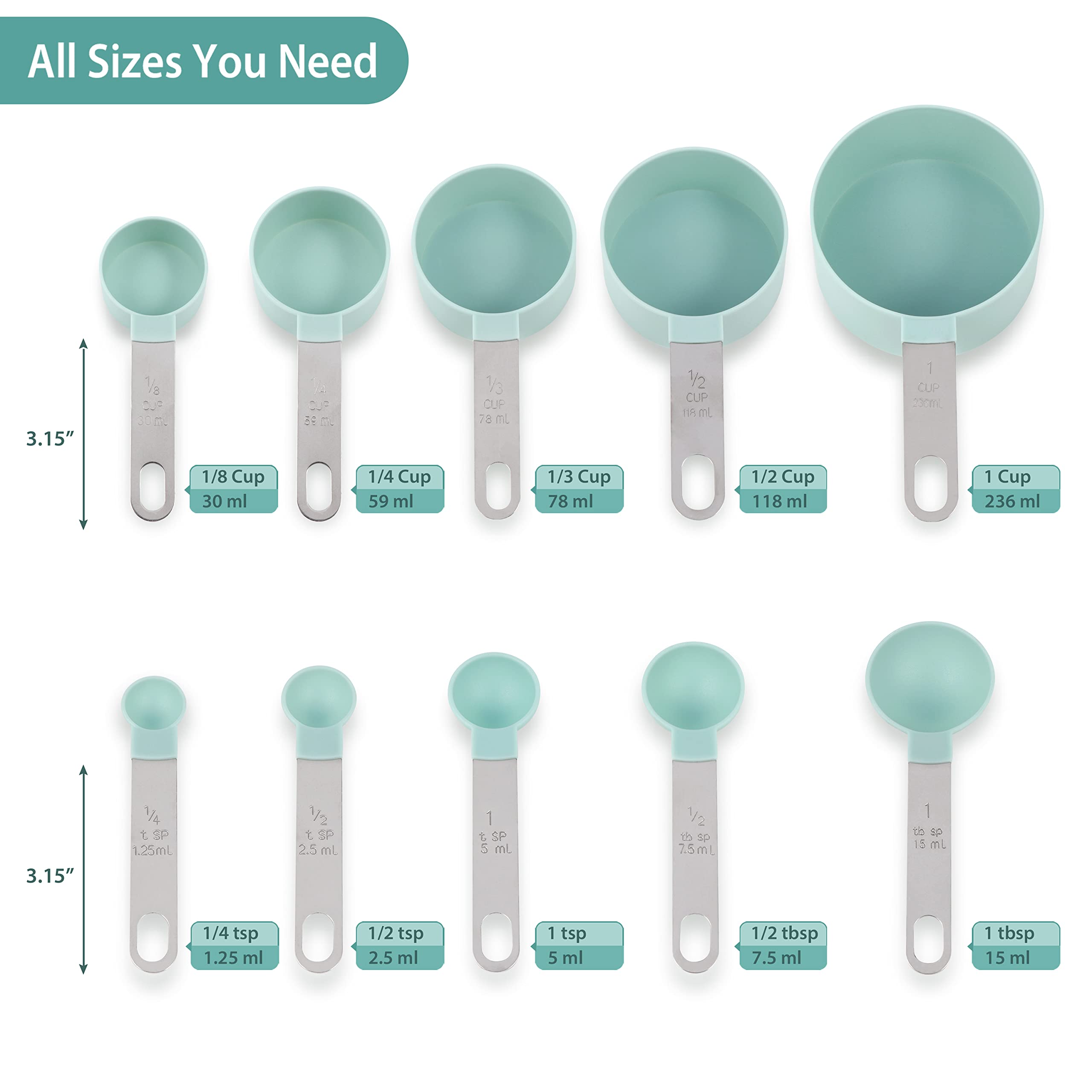 Measuring Cups and Spoons Set of 10 Pieces,Nesting Measure Cups with Stainless Steel Handle,for Dry and Liquid Ingredient (lake blue)