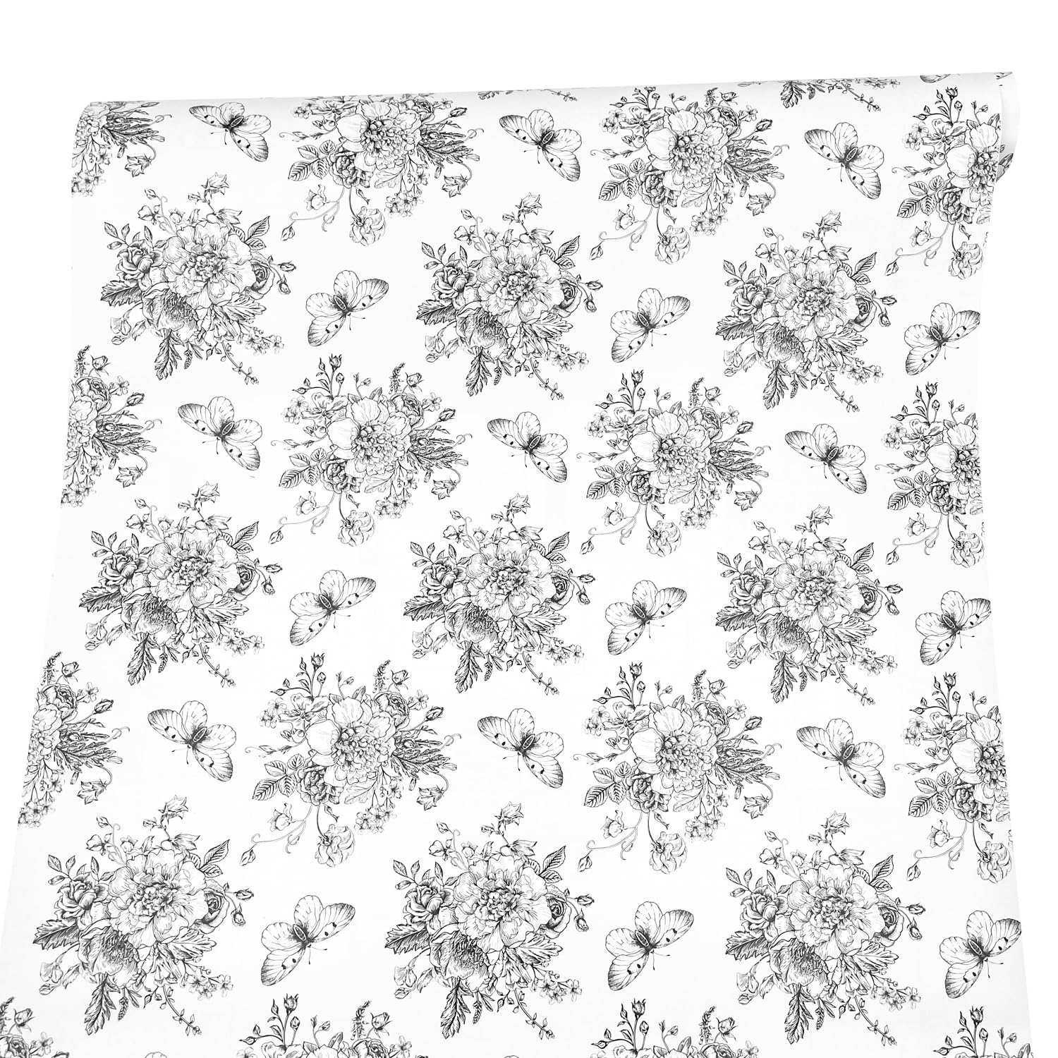 SimpleLife4U Easy Apply Shelf Liner Removable Furniture Paper Decorative Workspace Organizers Sofa Tables, Black-White Peony Butterfly, 17.7 Inch by 9.8 Feet