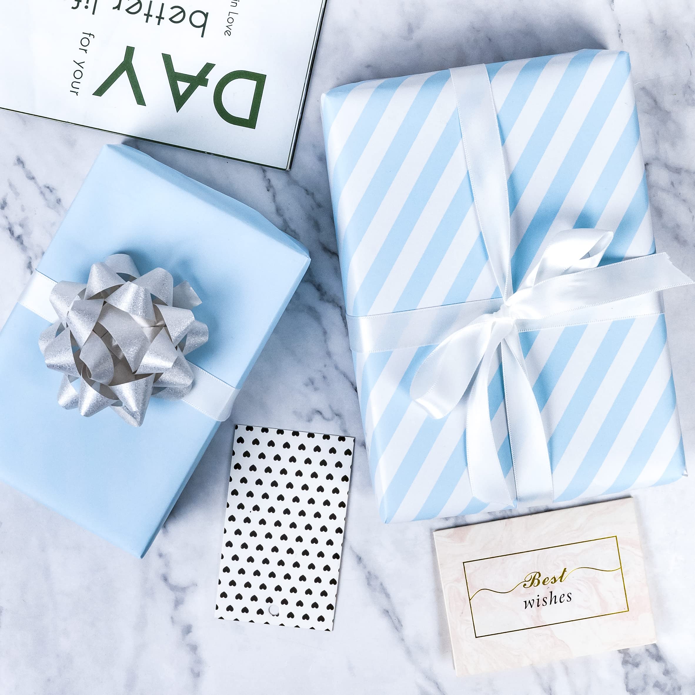 WRAPAHOLIC Reversible Wrapping Paper - Baby Blue and Stripes Design for Birthday, Holiday, Wedding, Baby Shower Wrap - 30 Inch x 33 Feet