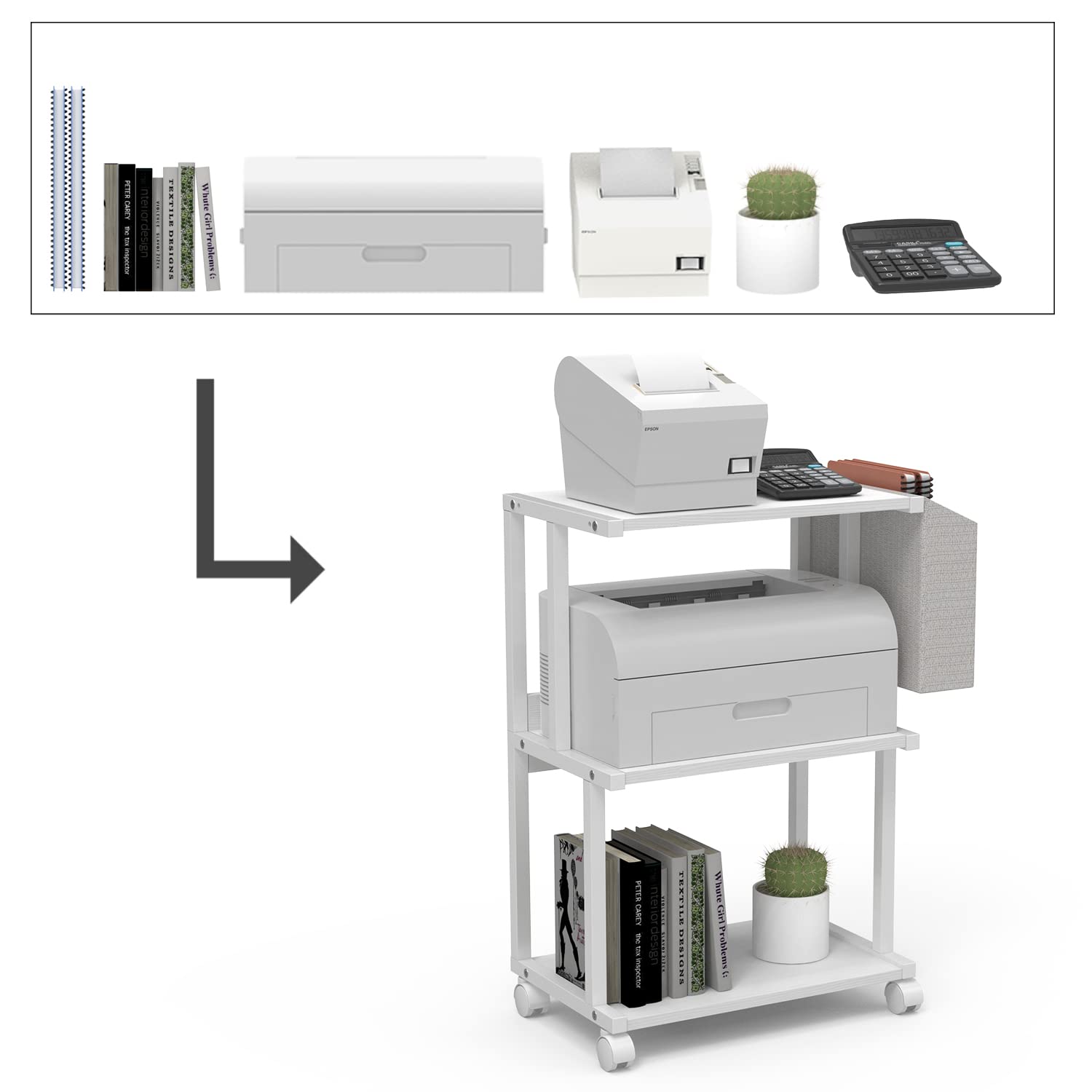 Ostreeful 3 Tier Printer Stand Modern White Printer Mobile Wooden Printer Shelf Table Organizer for Home Office Kitchen