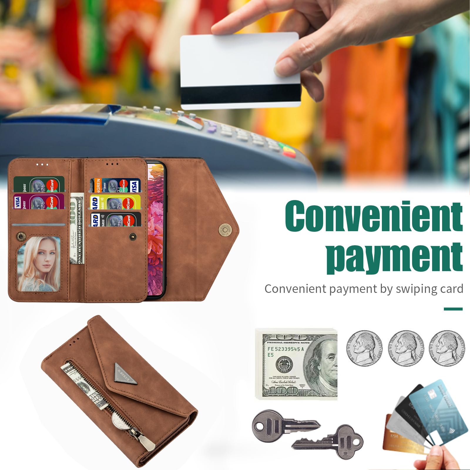 Wallet Case for Samsung Galaxy S20 FE 5G 6.5 inch Flip Zipper Purse Handbag with Credit Card Holder Shoulder Strap Wrist Strap Phone Cover for S 20 EF UW S20FE5G S20FE 20S S2O Fan Edition 4G G5 Brown