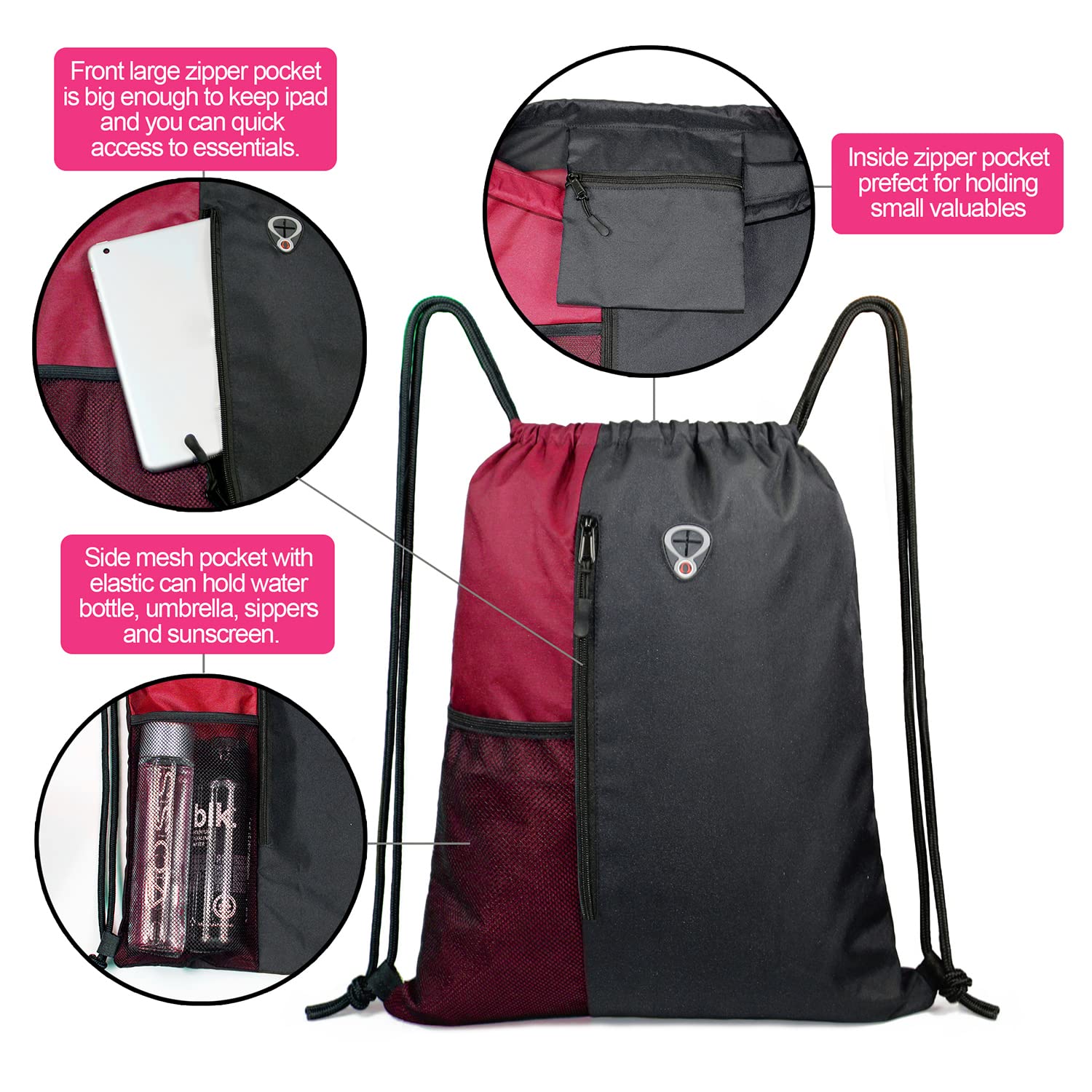 BeeGreen Maroon Drawstring Backpack Sports Gym Bag for Women Men Large String Backpack With Zipper and Water Bottle Mesh Pockets Cinch Sack Workout Bag, 16" x 20"