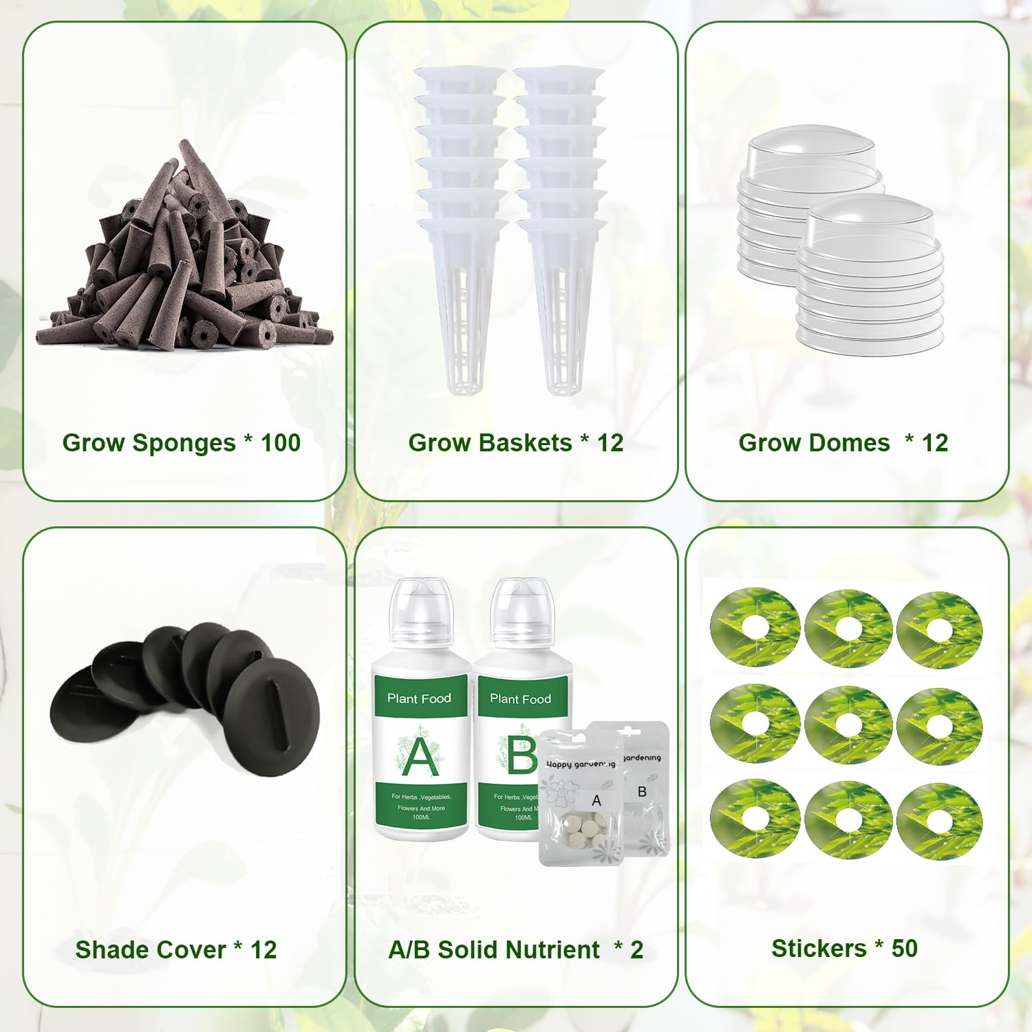 hdroor 188pcs Hydroponics Supplies Kit with 100 Grow Sponges, 12 Grow Baskets, 12 Grow Domes, 50 Labels, 200ml Hydroponics Nutrients A&B, 12 Plant Spacers - Hydroponics Garden Accessories