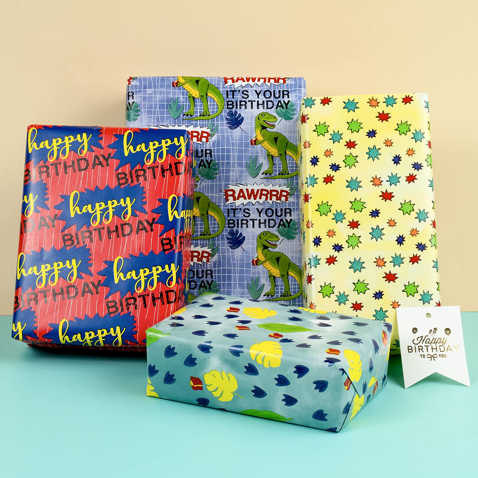 WRAPAHOLIC Birthday Wrapping Paper Roll - Dinosaur and Irregular Pattern Design Perfect for Celebration, Party, Baby Boy Present Packing - 4 Rolls - 30 inch X 120 inch Per Roll