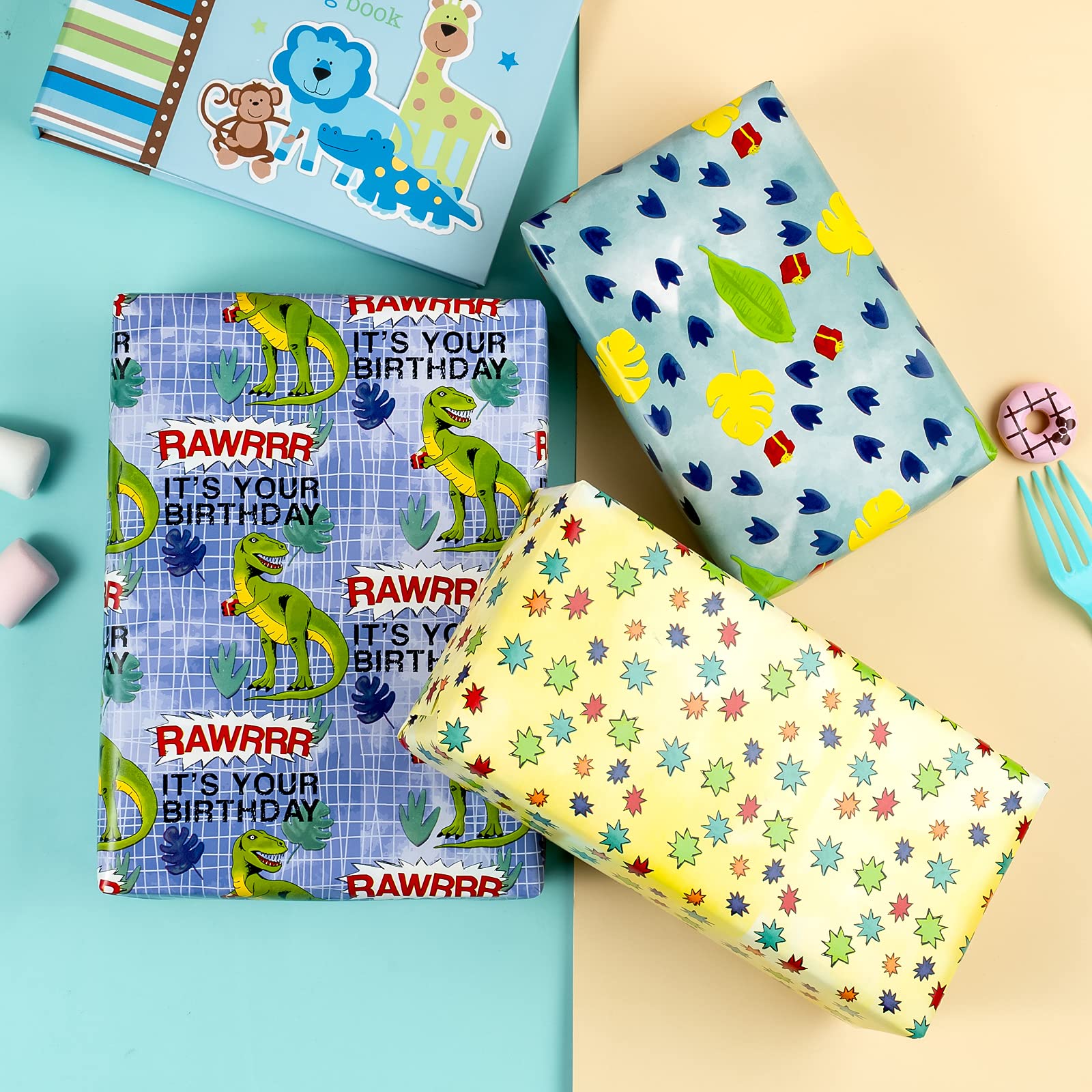 WRAPAHOLIC Birthday Wrapping Paper Roll - Dinosaur and Irregular Pattern Design Perfect for Celebration, Party, Baby Boy Present Packing - 4 Rolls - 30 inch X 120 inch Per Roll