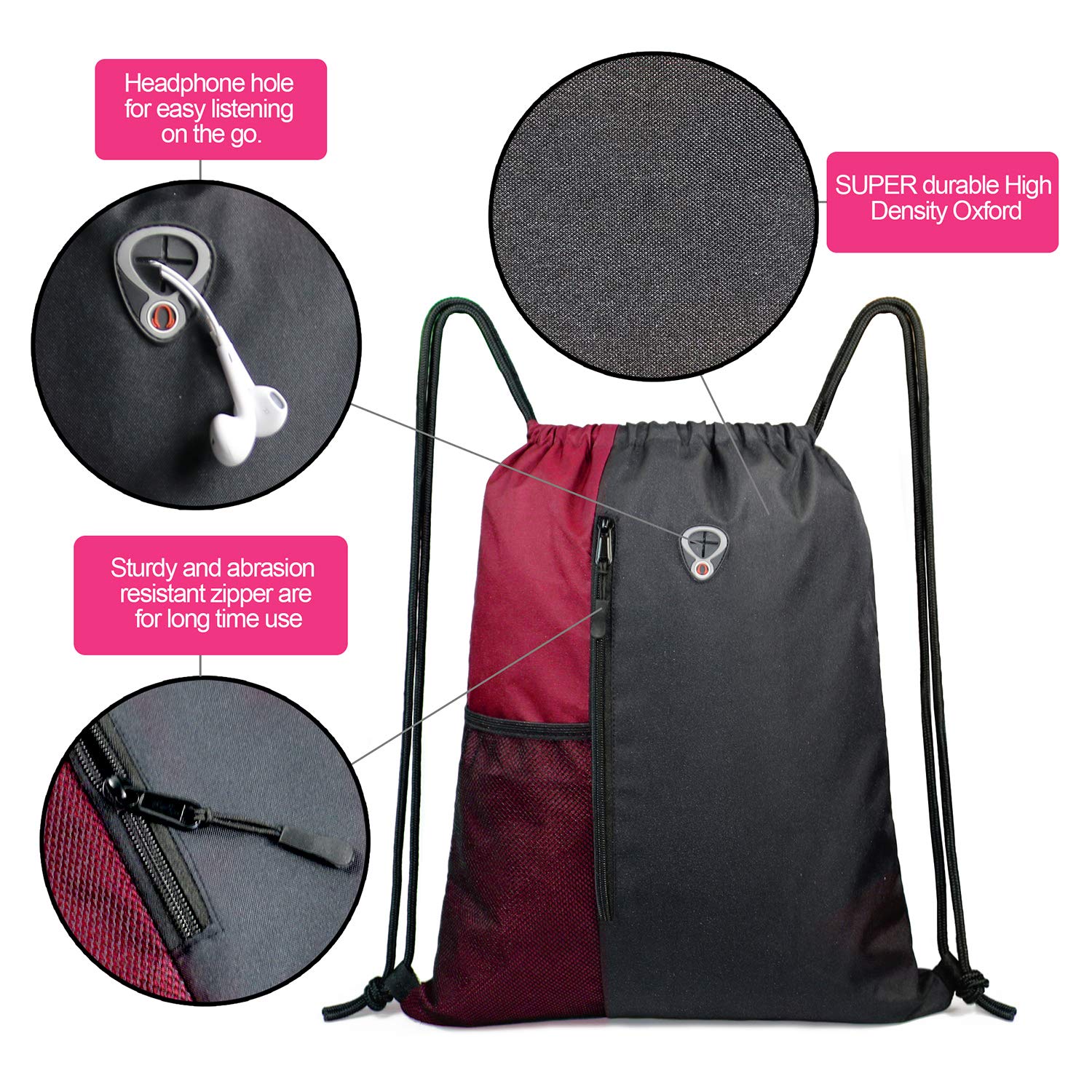 BeeGreen Maroon Drawstring Backpack Sports Gym Bag for Women Men Large String Backpack With Zipper and Water Bottle Mesh Pockets Cinch Sack Workout Bag, 16" x 20"
