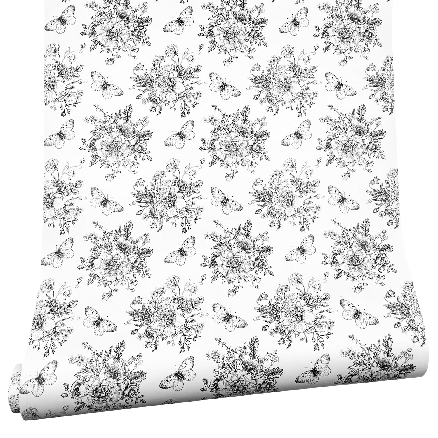 SimpleLife4U Easy Apply Shelf Liner Removable Furniture Paper Decorative Workspace Organizers Sofa Tables, Black-White Peony Butterfly, 17.7 Inch by 9.8 Feet