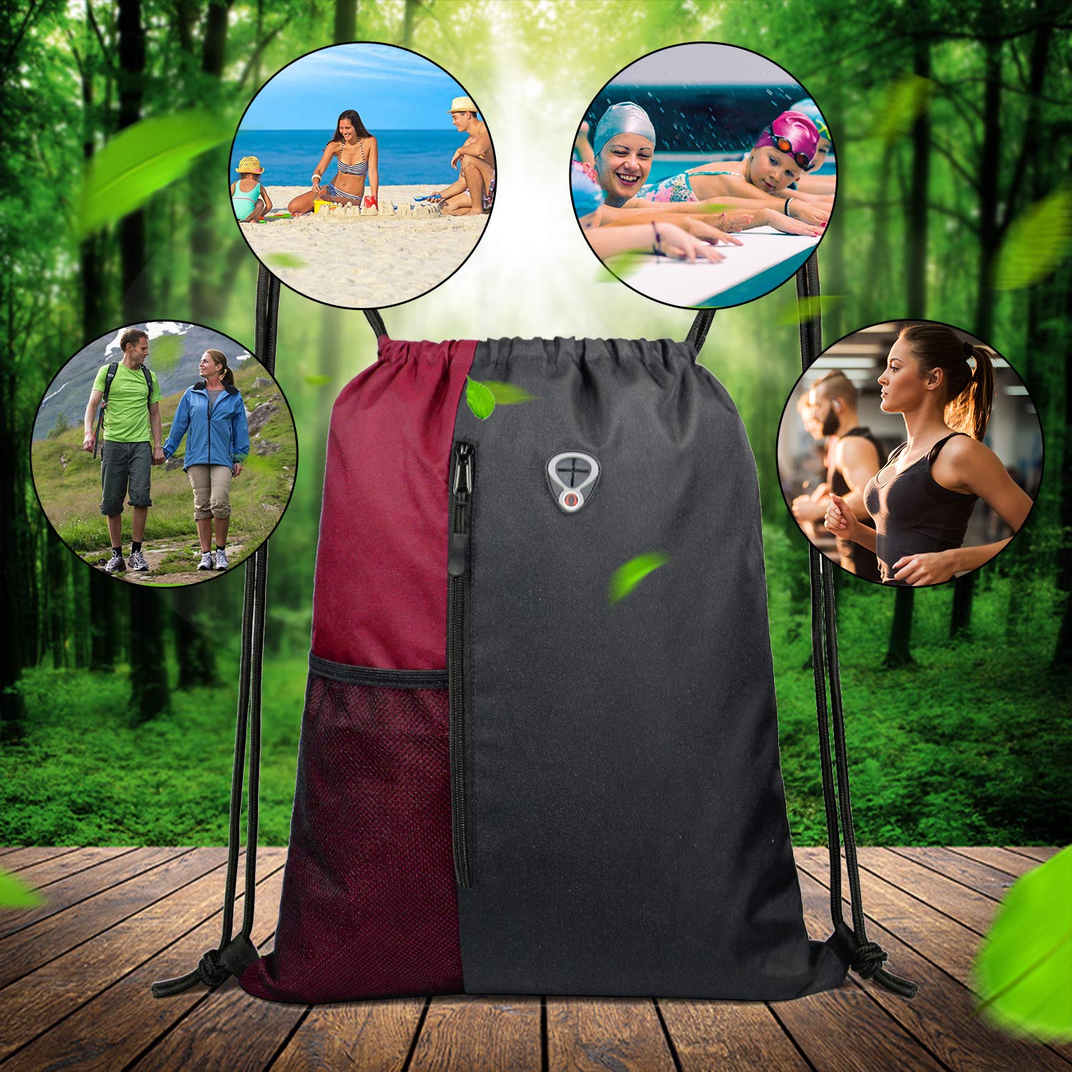 BeeGreen Maroon Drawstring Backpack Sports Gym Bag for Women Men Large String Backpack With Zipper and Water Bottle Mesh Pockets Cinch Sack Workout Bag, 16" x 20"