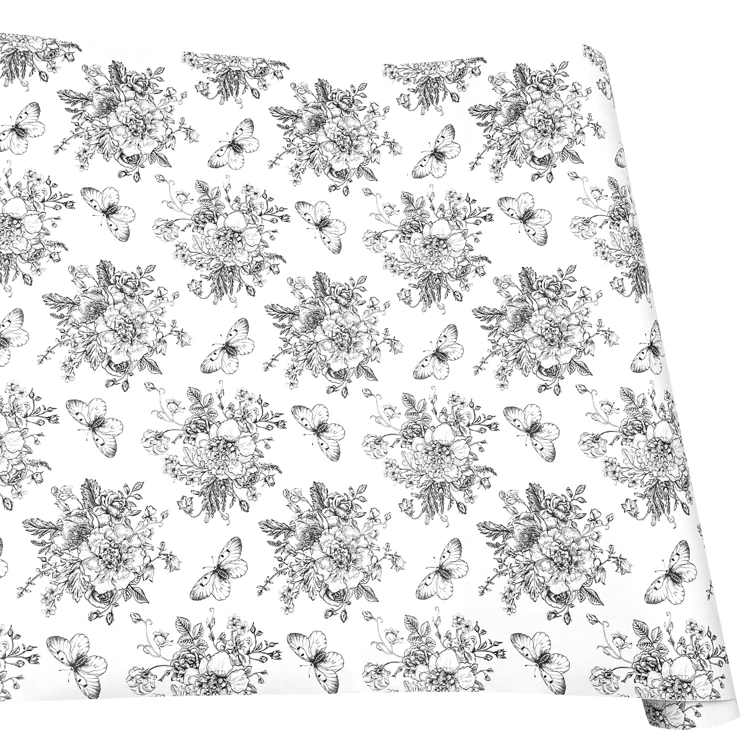 SimpleLife4U Easy Apply Shelf Liner Removable Furniture Paper Decorative Workspace Organizers Sofa Tables, Black-White Peony Butterfly, 17.7 Inch by 9.8 Feet