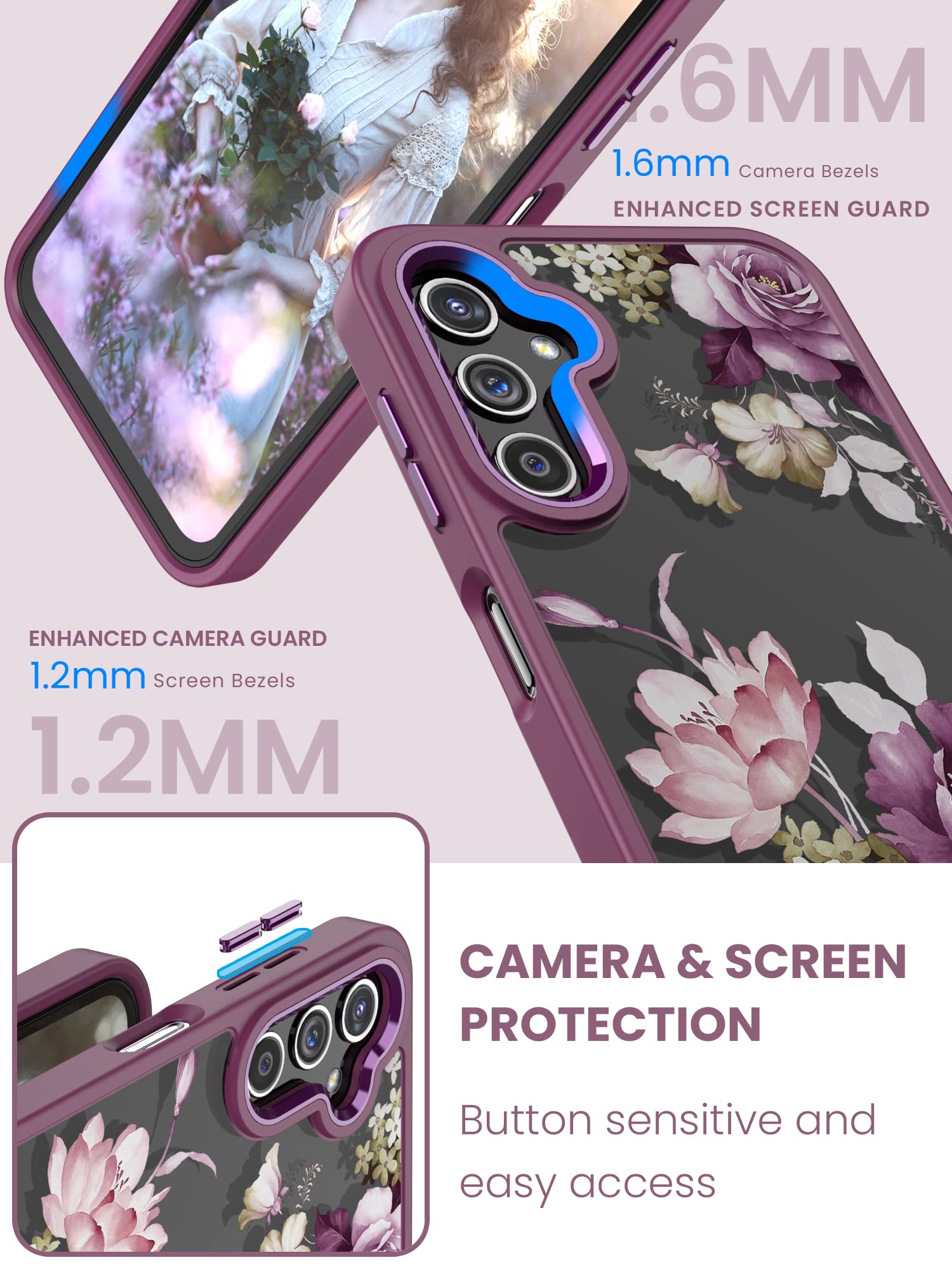 DagoRoo for Samsung Galaxy A14 5G Case with Tempered Glass Screen Protector [2 Pack],[Military Grade Protective] Slim Soft TPU & Hard PC,Girls Women Crystal Clear Flower Pattern Cases (JD-Purple)
