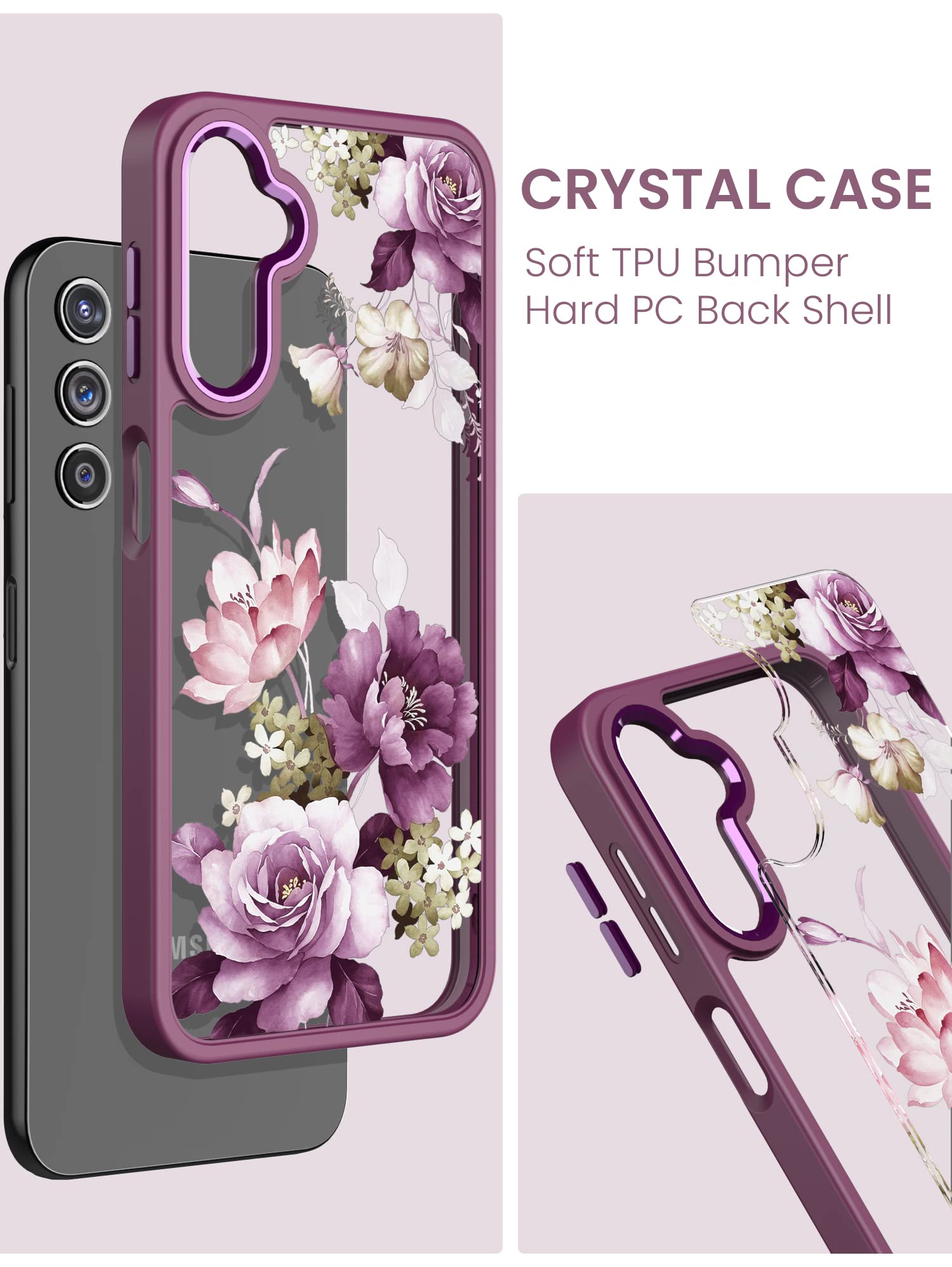 DagoRoo for Samsung Galaxy A14 5G Case with Tempered Glass Screen Protector [2 Pack],[Military Grade Protective] Slim Soft TPU & Hard PC,Girls Women Crystal Clear Flower Pattern Cases (JD-Purple)
