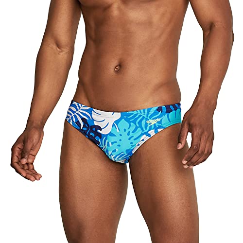 Speedo Men's Standard Swimsuit Brief Creora Highclo Printed, Palm Blue Radiance/Atoll, 38