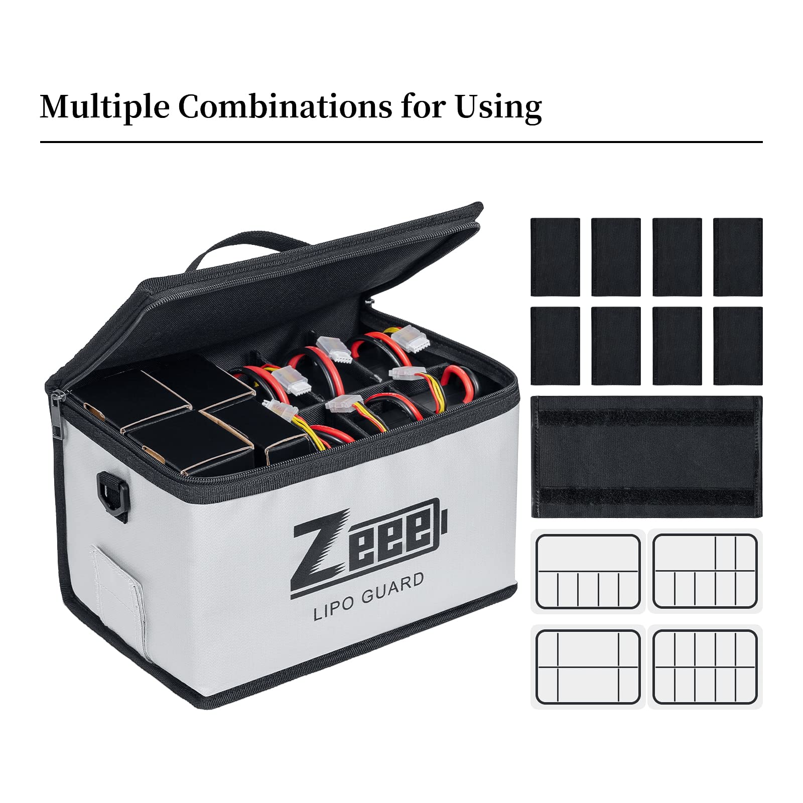Zeee Lipo Safe Bag Battery Fireproof Bag Large Capacity Storage Guard Battery Safe Pouch for Storage Charging - 10 Cell Adjustable Battery Safe Bag(10.6x6.7x6.7in)