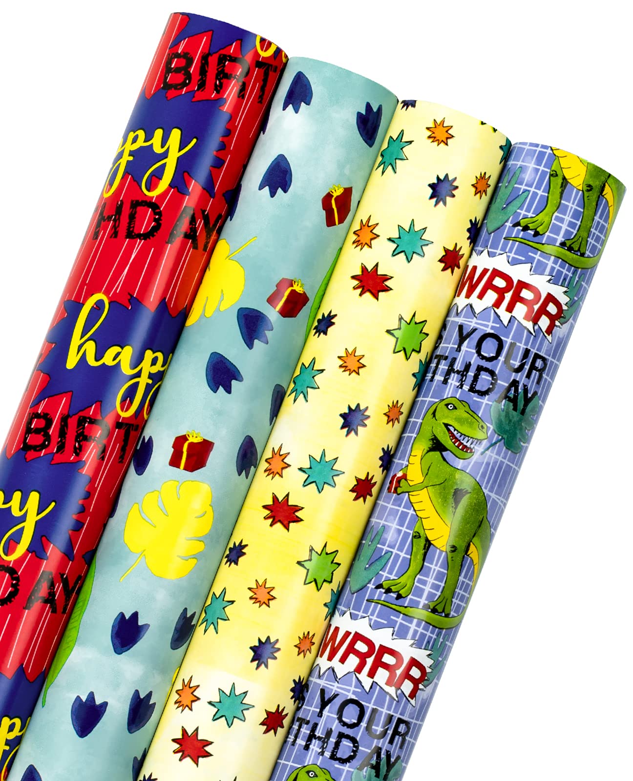 WRAPAHOLIC Birthday Wrapping Paper Roll - Dinosaur and Irregular Pattern Design Perfect for Celebration, Party, Baby Boy Present Packing - 4 Rolls - 30 inch X 120 inch Per Roll