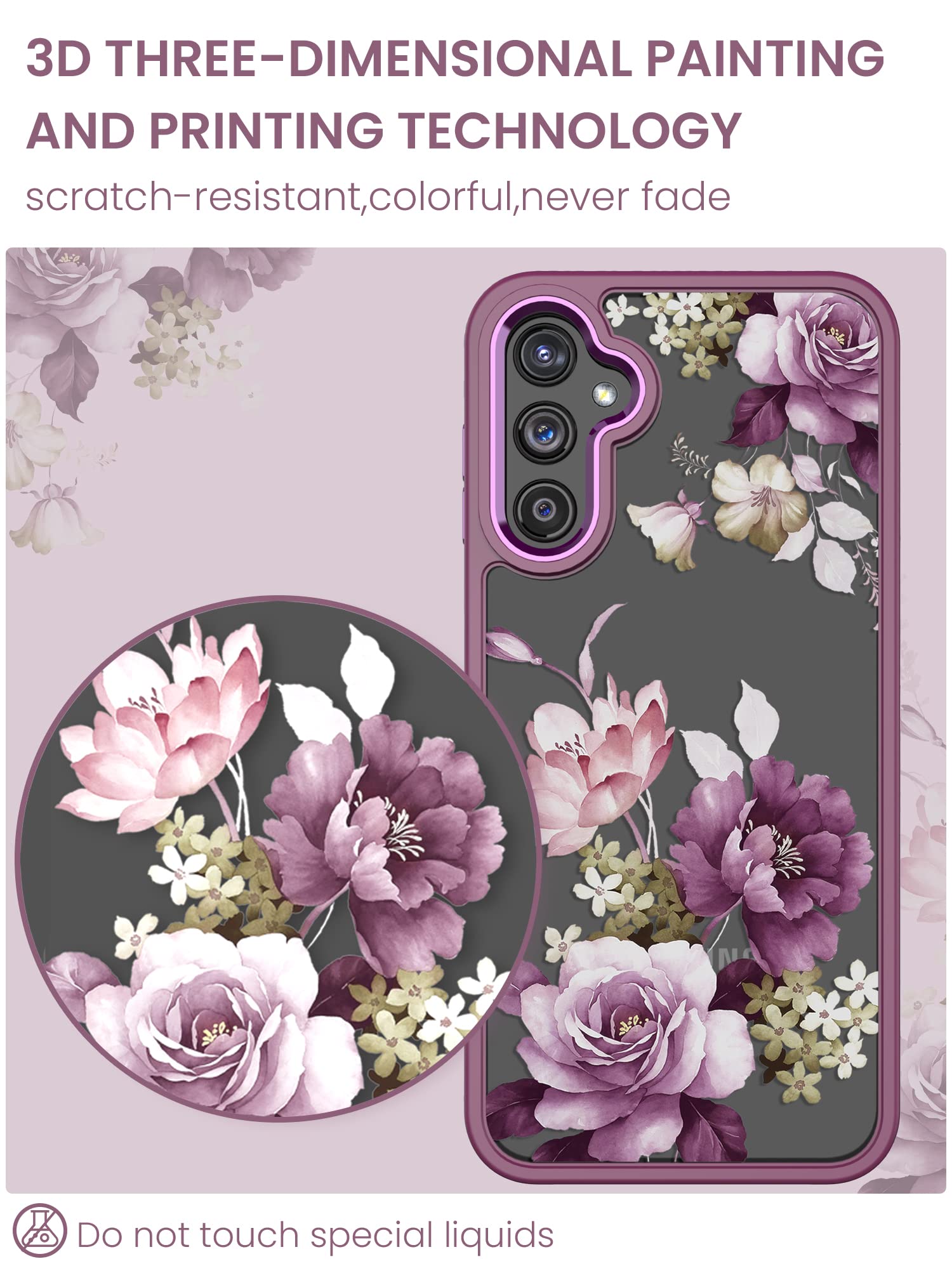DagoRoo for Samsung Galaxy A14 5G Case with Tempered Glass Screen Protector [2 Pack],[Military Grade Protective] Slim Soft TPU & Hard PC,Girls Women Crystal Clear Flower Pattern Cases (JD-Purple)