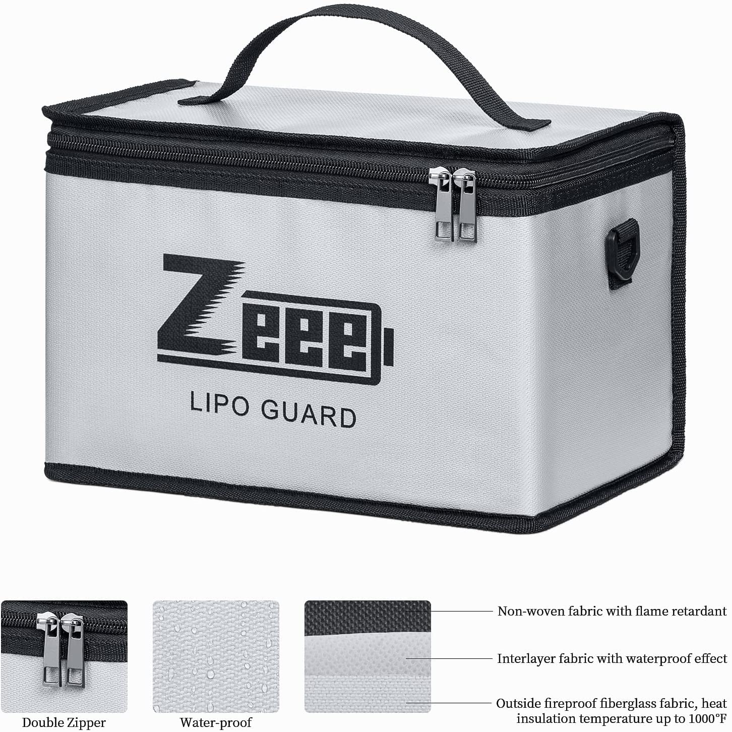 Zeee Lipo Safe Bag Battery Fireproof Bag Large Capacity Storage Guard Battery Safe Pouch for Storage Charging - 10 Cell Adjustable Battery Safe Bag(10.6x6.7x6.7in)