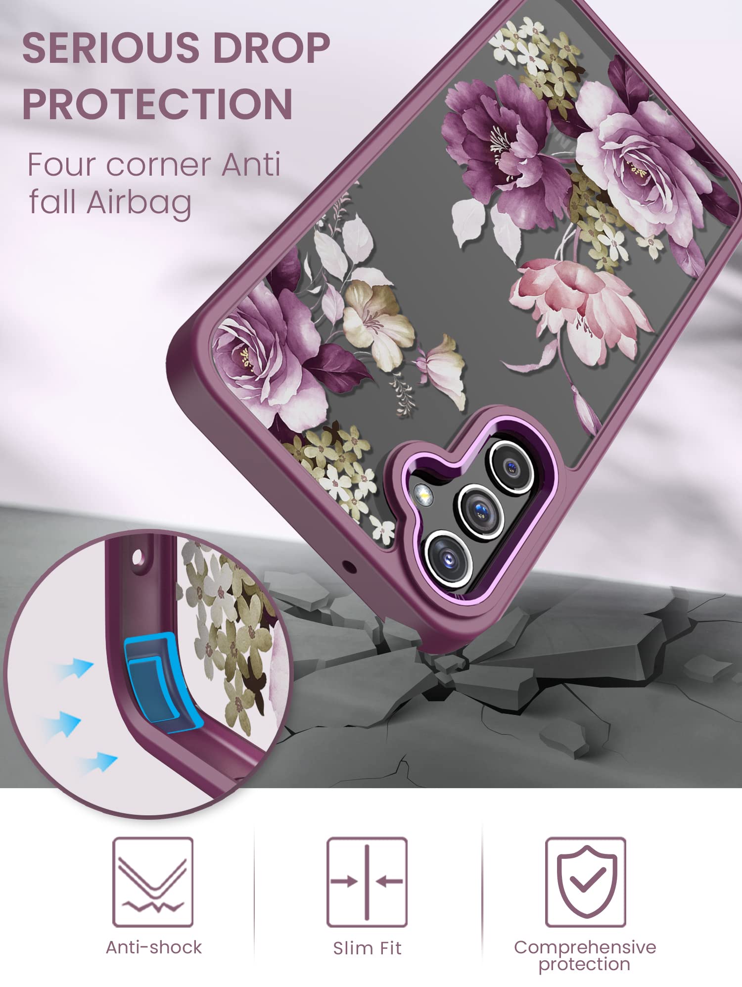 DagoRoo for Samsung Galaxy A14 5G Case with Tempered Glass Screen Protector [2 Pack],[Military Grade Protective] Slim Soft TPU & Hard PC,Girls Women Crystal Clear Flower Pattern Cases (JD-Purple)