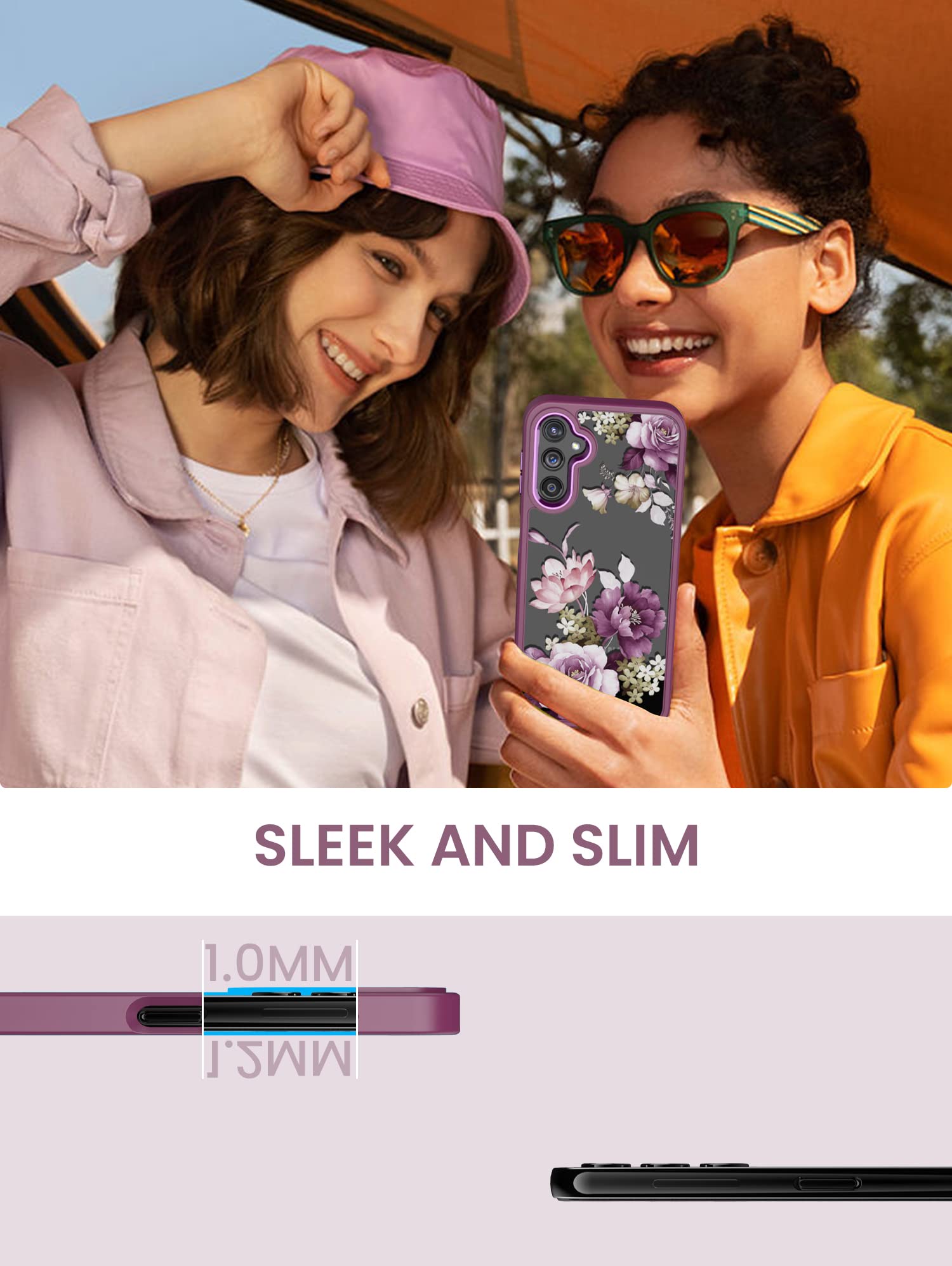 DagoRoo for Samsung Galaxy A14 5G Case with Tempered Glass Screen Protector [2 Pack],[Military Grade Protective] Slim Soft TPU & Hard PC,Girls Women Crystal Clear Flower Pattern Cases (JD-Purple)