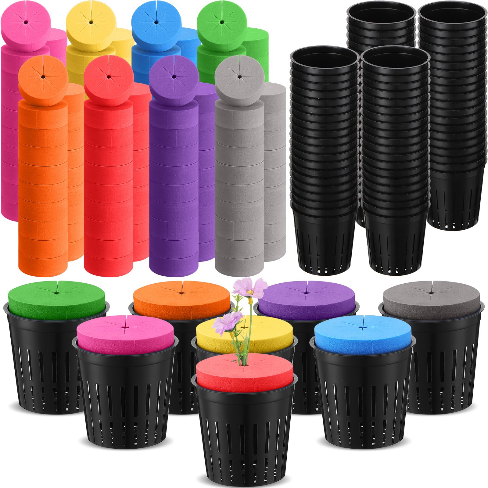 Layhit 120 Sets Clone Collars Neoprene Cloning Collar Inserts 8 Colors 2 Inch Net Pots for Hydroponics Net Cup Pots Hydroponic pots Seed Germination kit for Net Pots Hydroponics Aeroponics