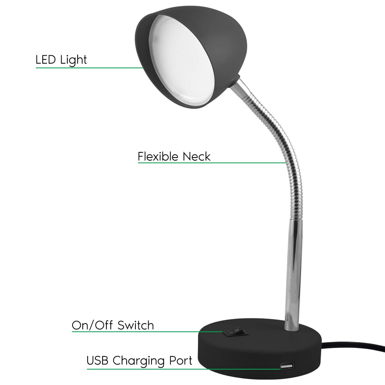 MaxLite LED Desk Lamp with USB Charging Port, Black Desk Lamp, Adjustable Neck, On/Off Switch, Modern Table Lamp for Reading, Work or School, Warm Gentle Light