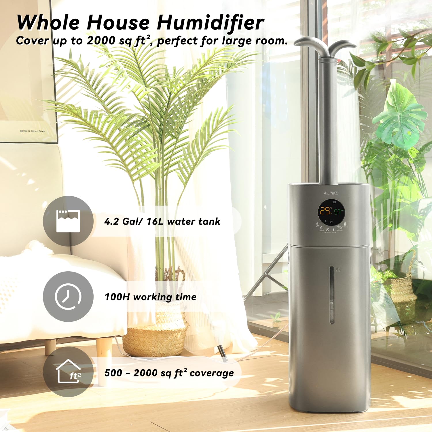 Humidifiers for Large Room, 4.2Gal/16L Whole House Humidifiers 2000 sq.ft. AILINKE Large Cool Mist Humidifier with Extension Tube for Home, Office