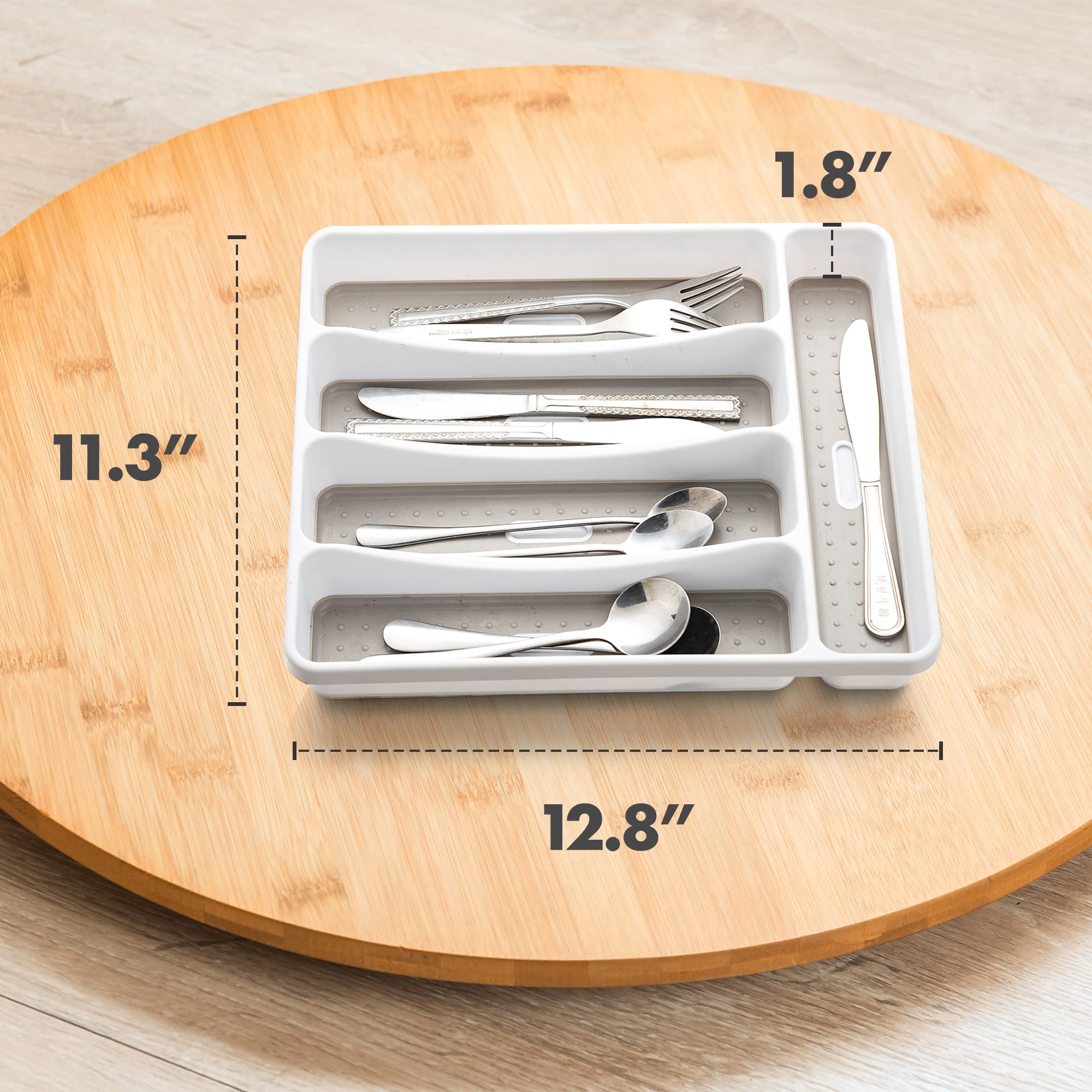 JINAMART Silverware Organizer Tray, Kitchen Utensils Holder and Cutlery Tray with Grooved Drawer Dividers, 5-Compartments Kitchen Drawer Organizer, Non-Slip Rubber Feet BPA-Free (5-compartment)